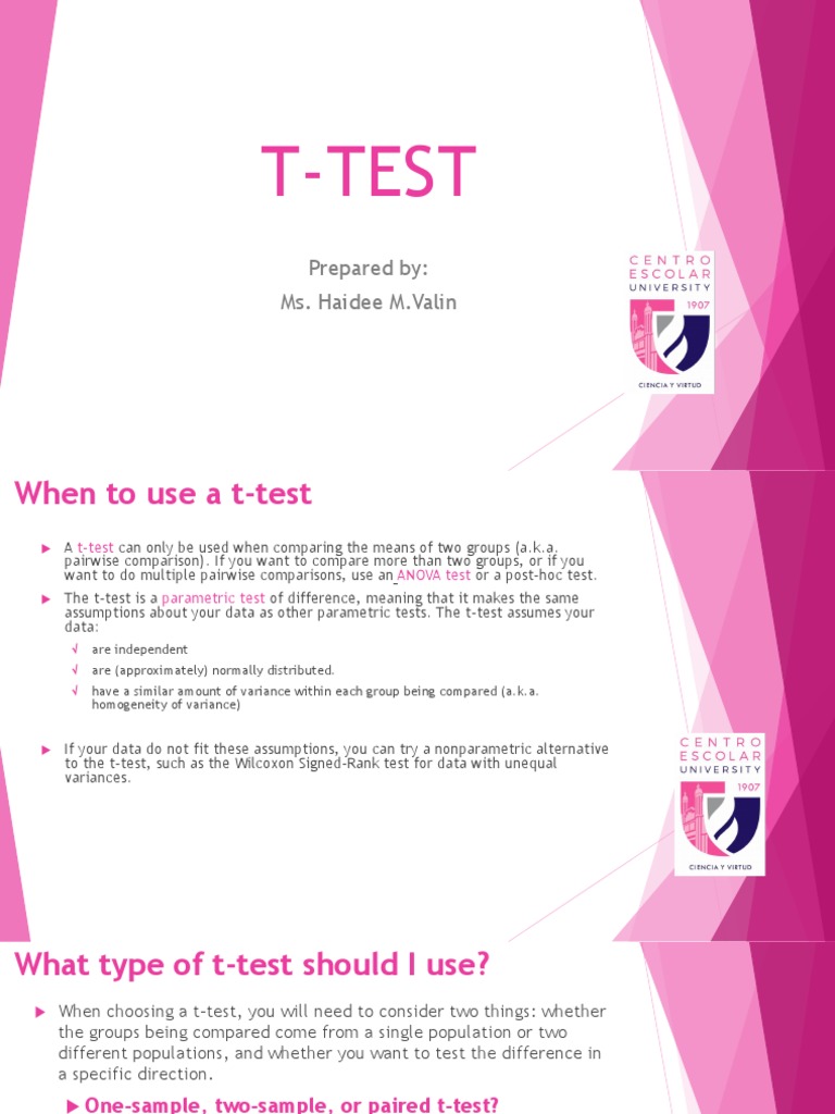 T-Test: Prepared By: Ms. Haidee M.Valin | PDF | Student's T Test | P Value