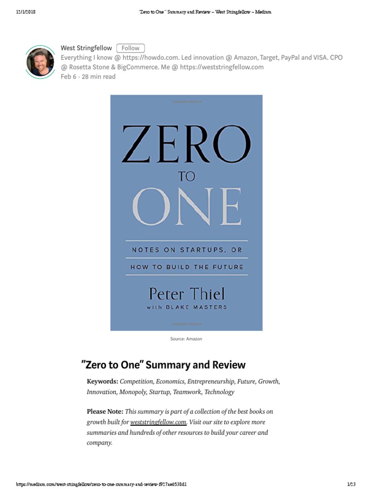 "Zero To One" Summary and Review - West Stringfellow - Medium | PDF | Venture Capital ...