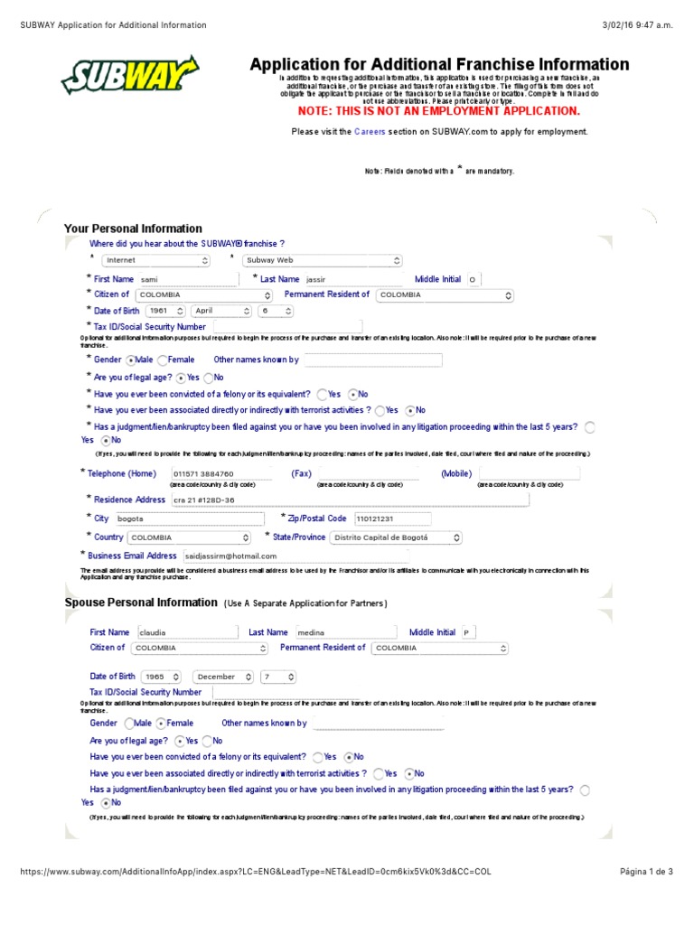 SUBWAY Application For Additional Information | PDF | Franchising ...