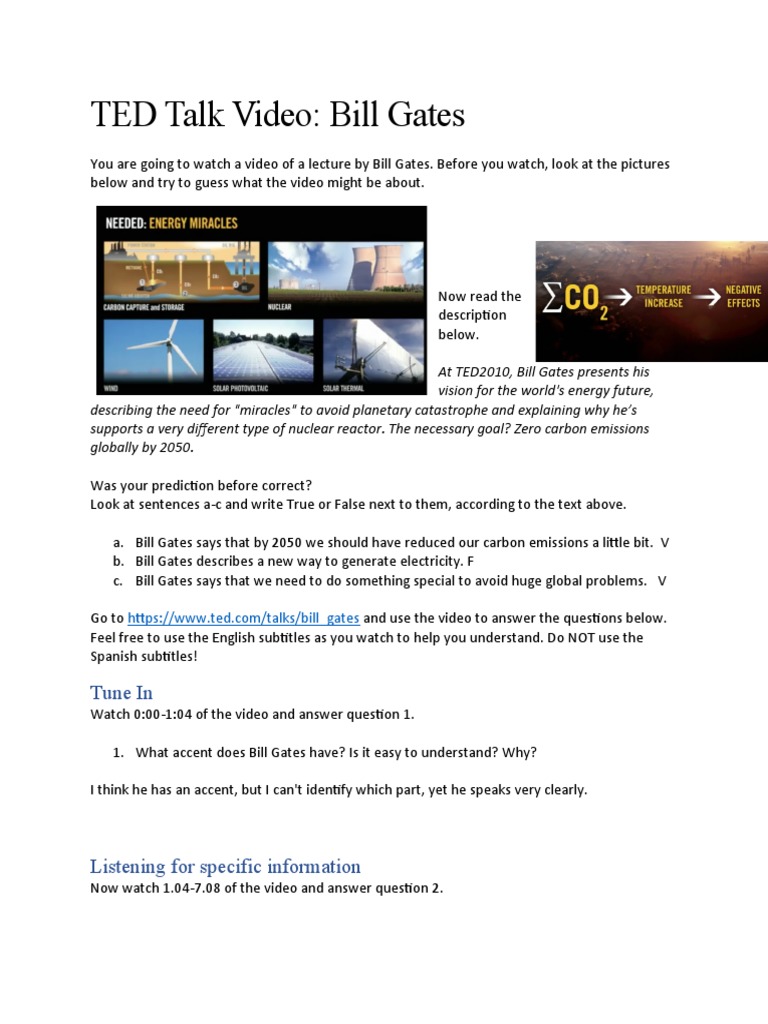Bill Gates TED Talk Video Worksheet in Class Version Blended at Home ...