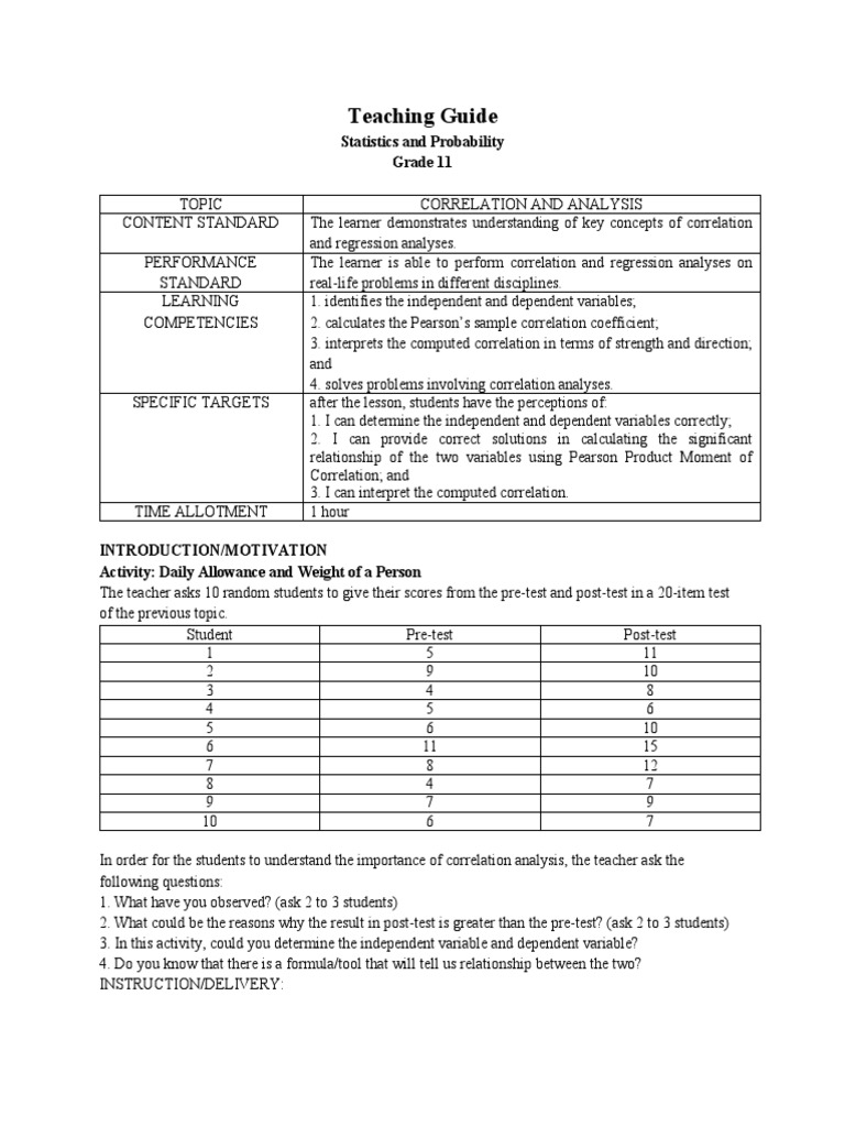 Teaching Guide: Statistics and Probability Grade 11 | PDF | Correlation ...