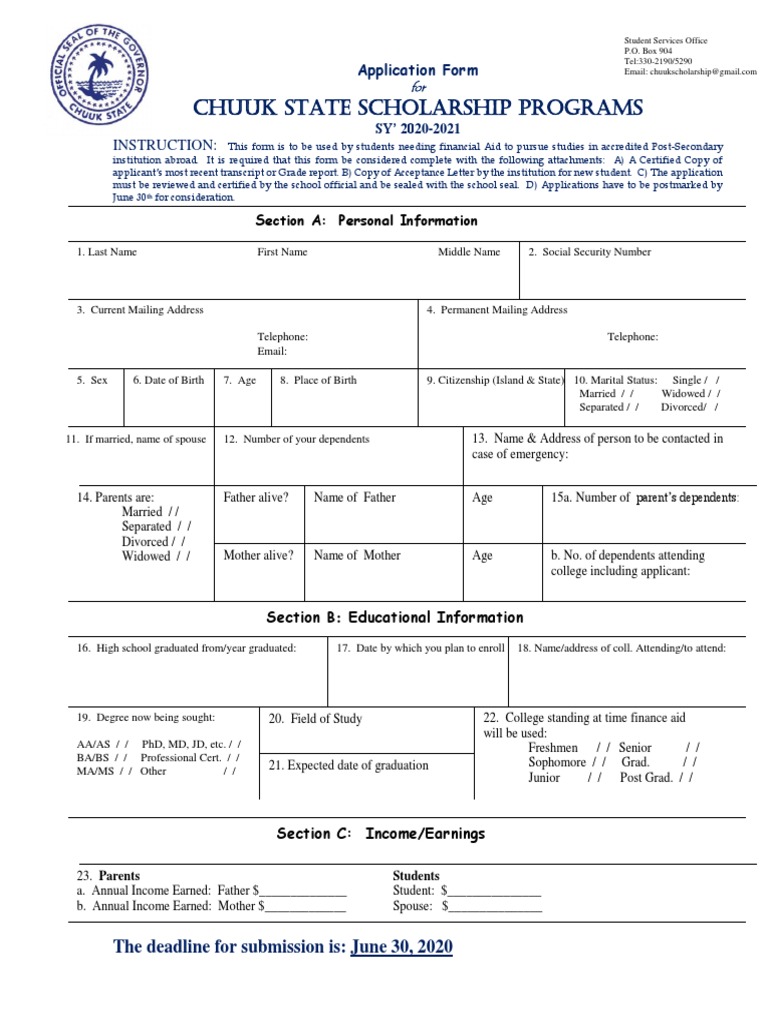 Chuuk State Scholarship Application 2020 | PDF | Students | Learning