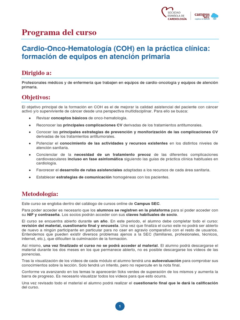 Programa Cardio Onco Hematologia Coh en La Practica Clinica Formacion ...