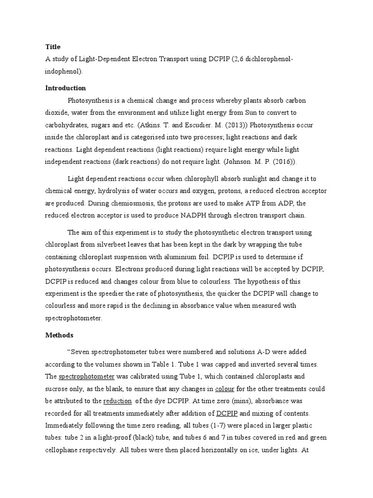 Photosynthesis DCPIP Lab | PDF | Chlorophyll | Photosynthesis
