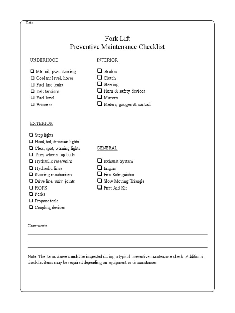 Fork Lift Preventive Maintenance Checklist | PDF