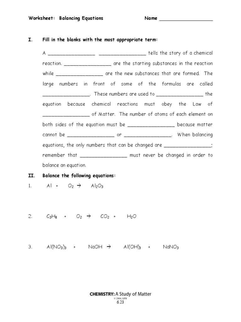 Worksheet: Balancing Equations Name | PDF
