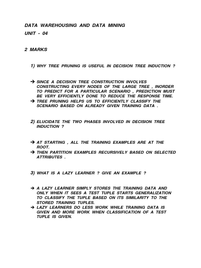Data Warehousing and Data Mining UNIT - 04: A Lazy Learner Simply Stores The Training Data and ...