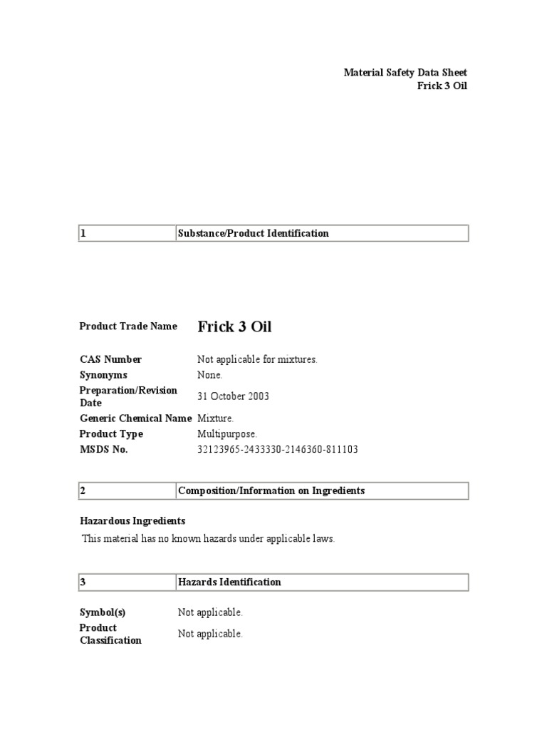 Frick Oil No 3 MSDS PDF | PDF | Toxicity | Firefighting