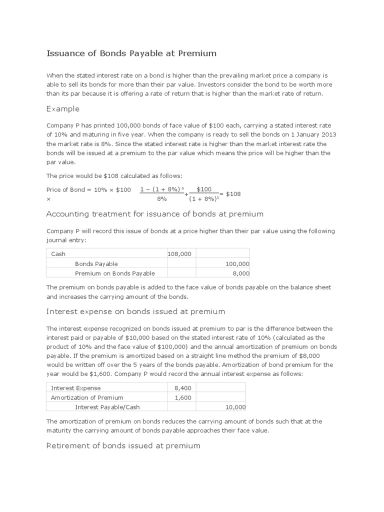 Issuance of Bonds Payable at Premium: Example | PDF | Quantitative ...