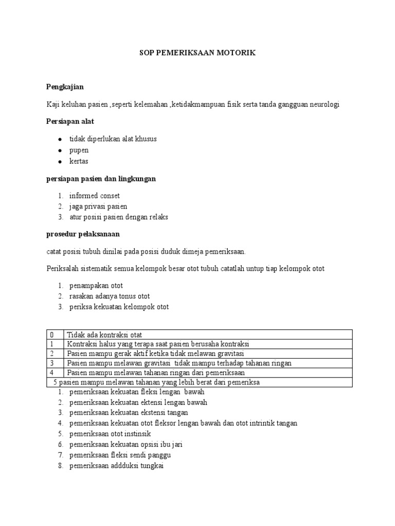 Sop Pemeriksaan Motorik | PDF