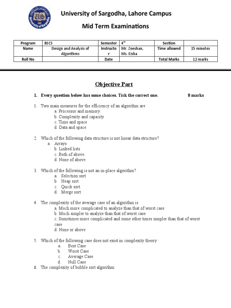 Midterm Examination On Design And Analysis Of Algorithms Pdf Computational Complexity Theory