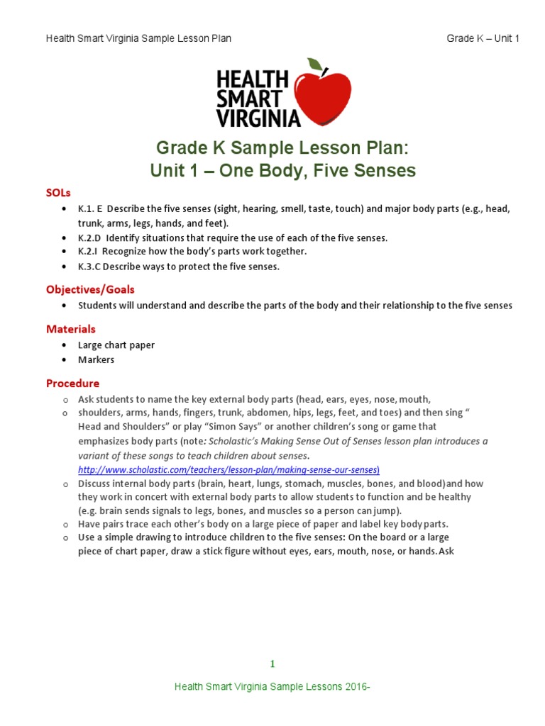 Kindergarten Lesson Plan: Five Senses | PDF | Senses | Taste