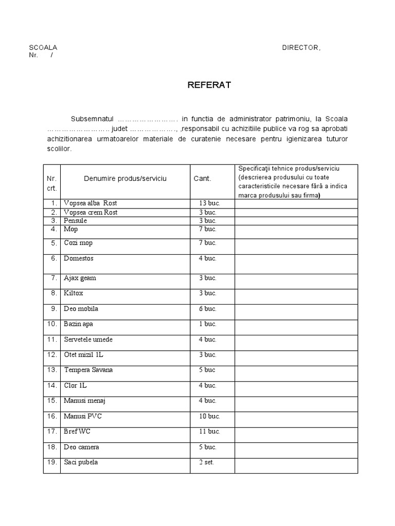 Referat Necesitate Materiale de Curatenie | PDF
