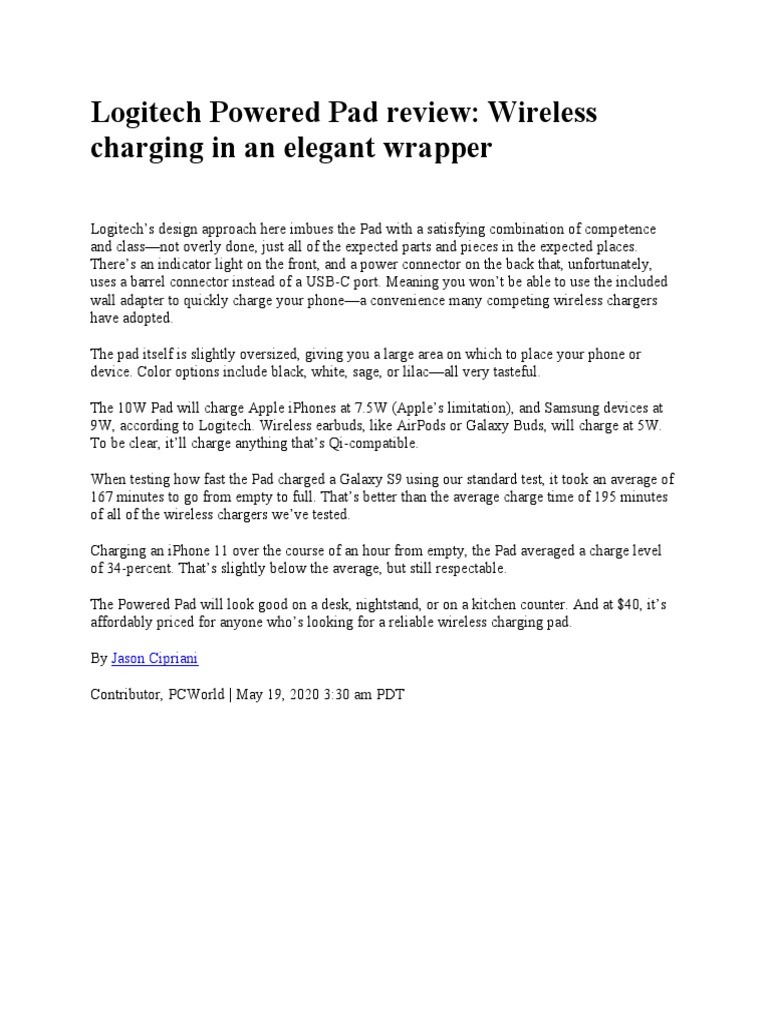 Logitech Powered Pad Review: Wireless Charging in An Elegant Wrapper | PDF