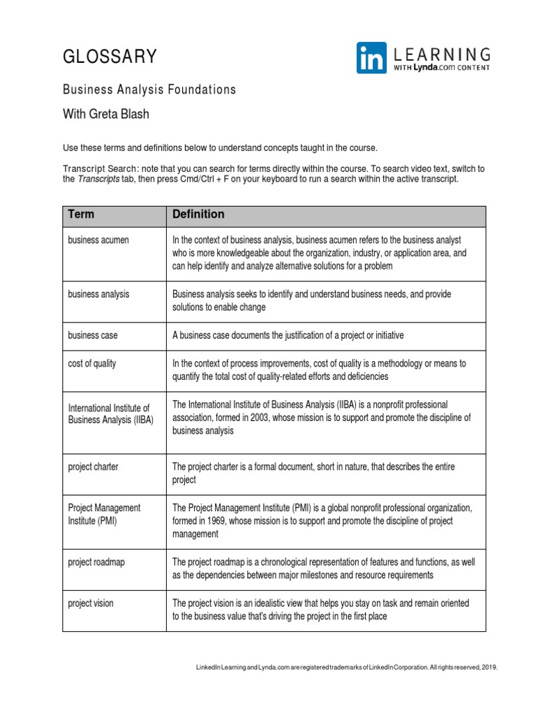 Business Analysis Foundations Glossary | PDF | Business Analysis ...