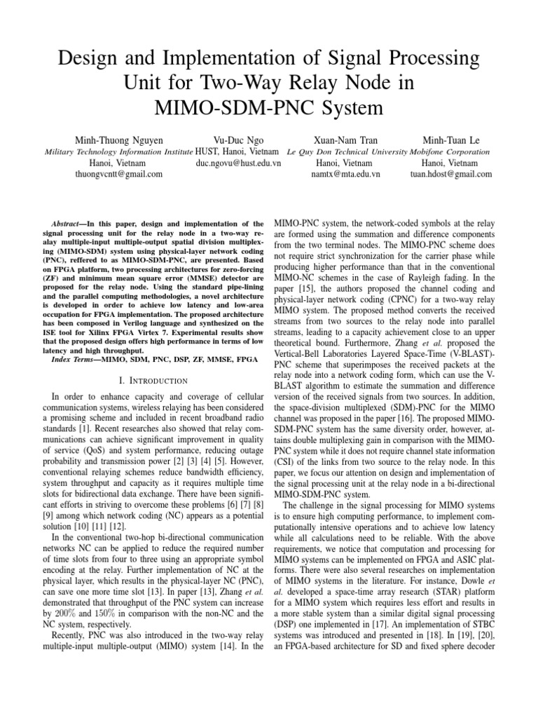 Design And Implementation Of Signal Processing Unit For Two Way Relay Node In Mimo Sdm Pnc 