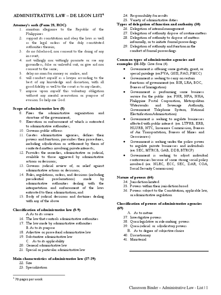 Administrative Law - de Leon List | PDF | Administrative Law | Rulemaking