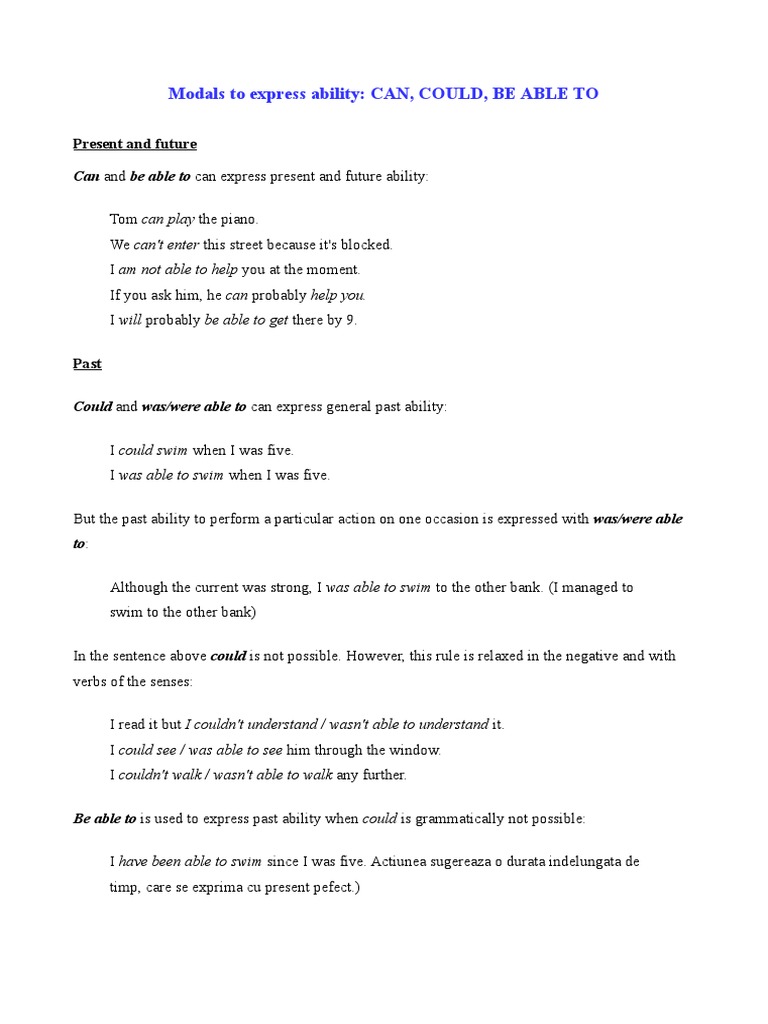 Modals To Express Ability: CAN, COULD, BE ABLE TO: Present and Future ...