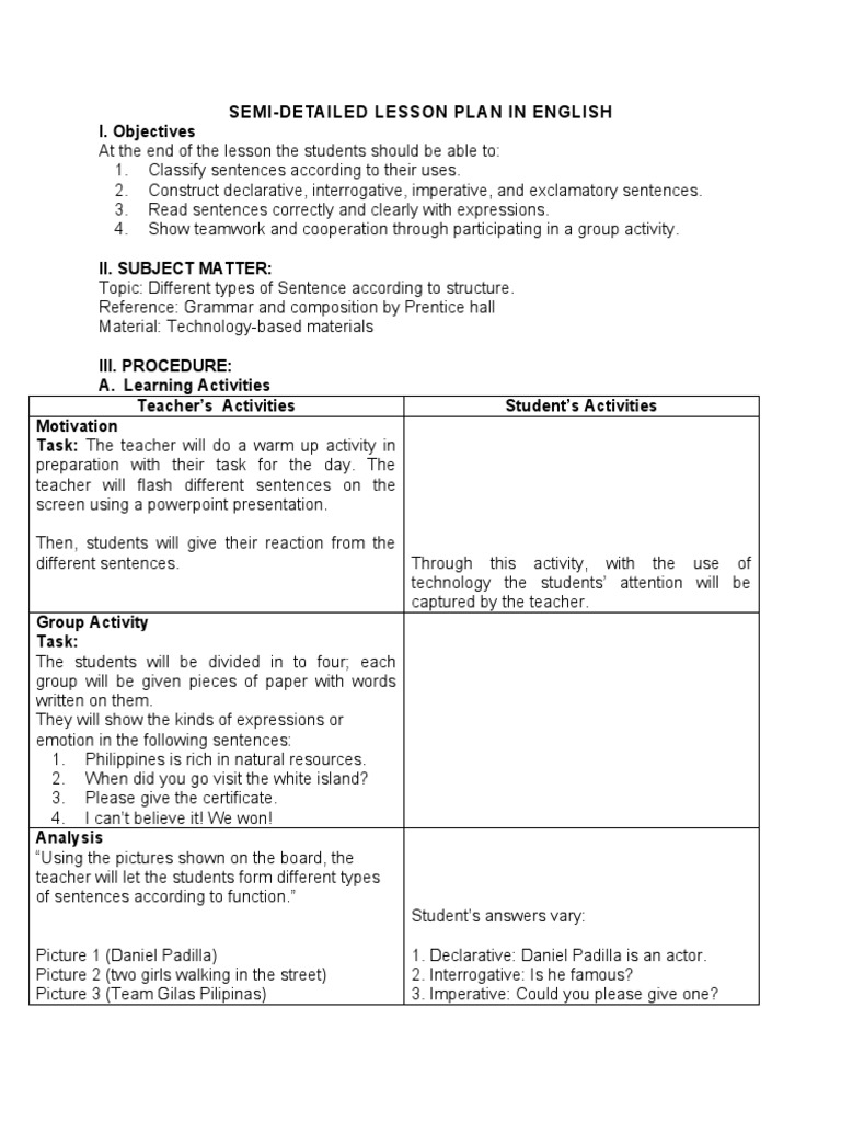 Types of Sentences Lesson Plan | PDF | Lesson Plan | Teachers