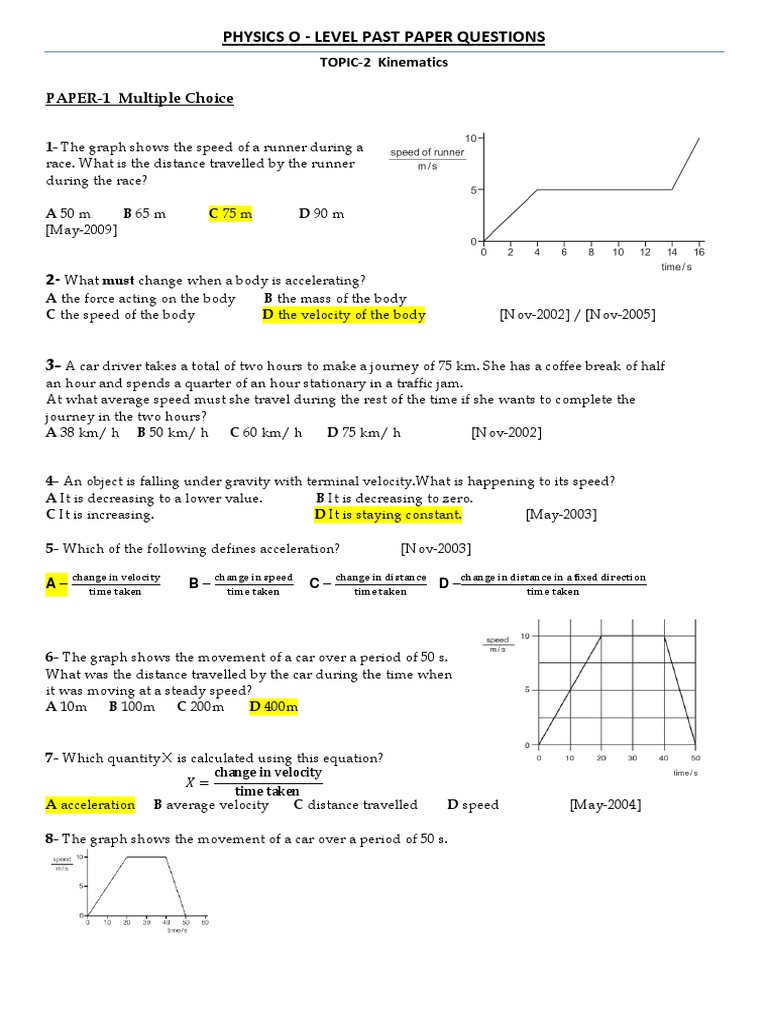 Physics O-Level Kinematics Past Paper Questions | PDF | Speed | Parachuting