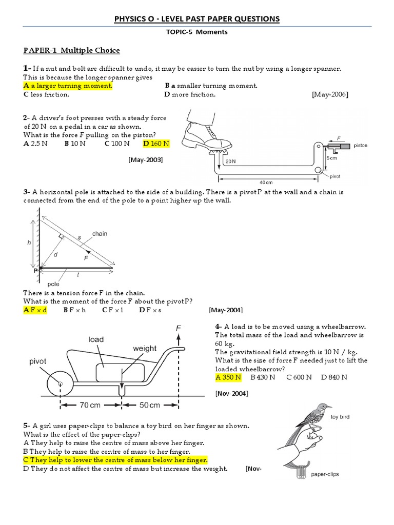 PHYSICS O-LEVEL PAST PAPER QUESTIONS ON MOMENTS | PDF | Weight | Force