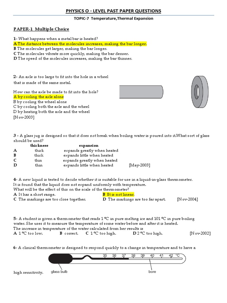 Level Past Paper Questions - Physics O: TOPIC-7 Temperature, Thermal ...