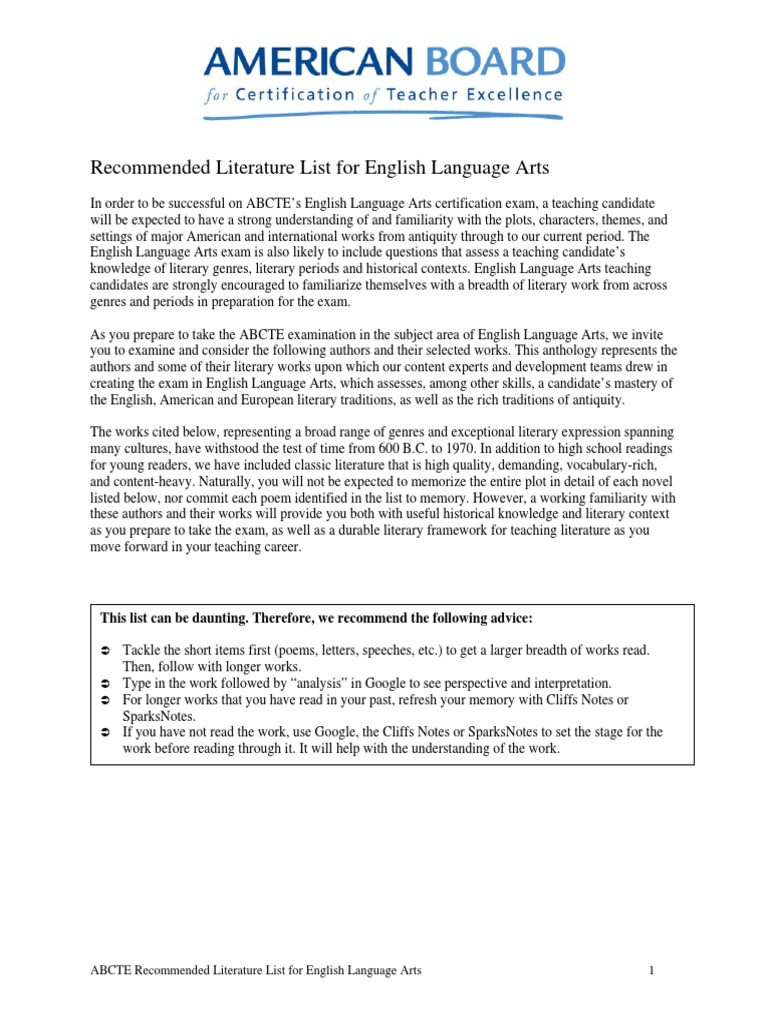 Recommended Literature List For English Language Arts | PDF | Test ...