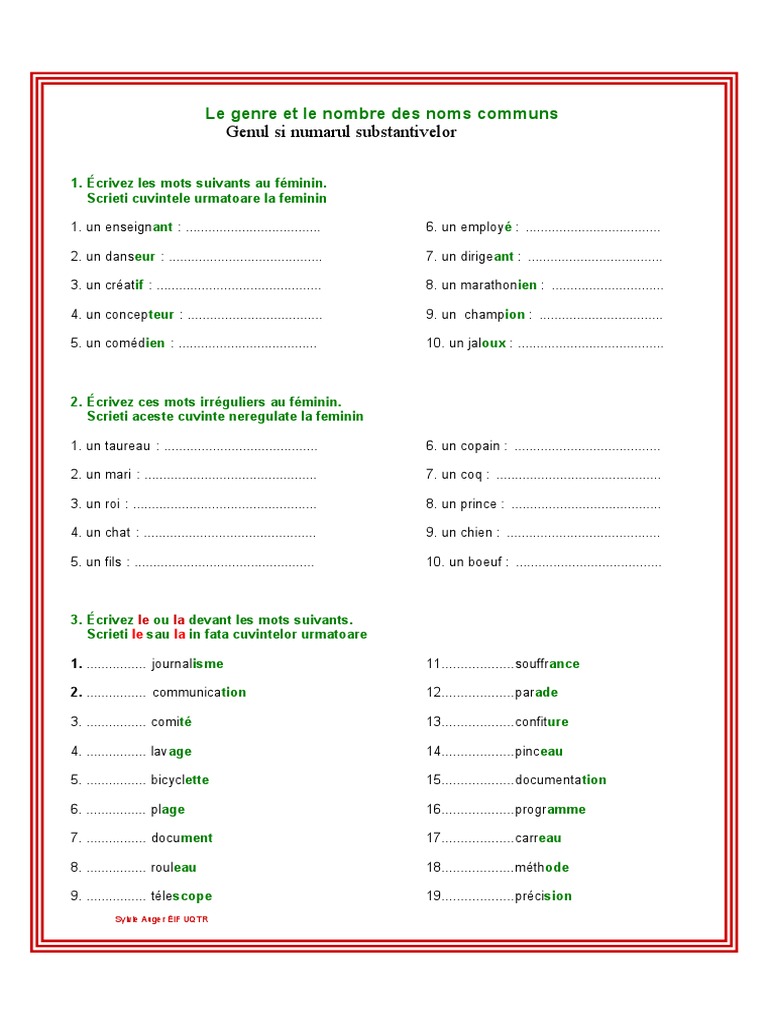 Le Genre Et Le Nombre Des Noms Communs Exercices Et Corrige Debutant ...