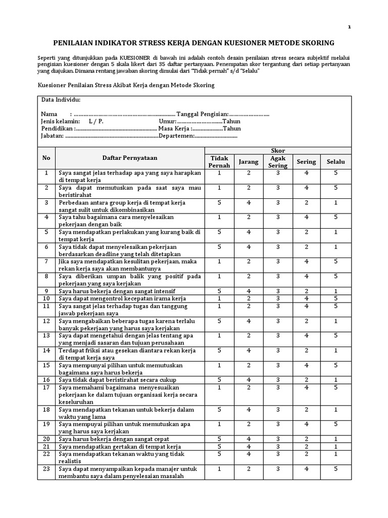Penilaian Tingkat Stress Kerja Melalui Kuesioner Skoring | PDF