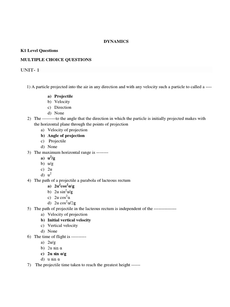 Unit-1: Dynamics K1 Level Questions Multiple Choice Questions | PDF ...