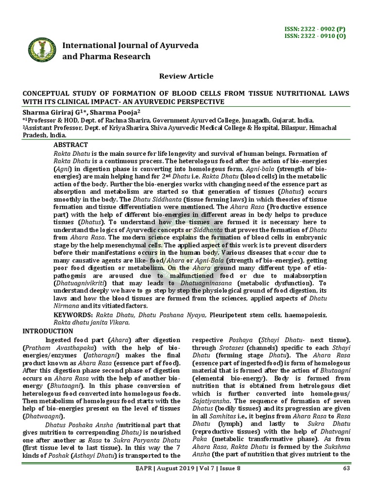 Concept of Formation of Blood From Ahara Rasa - Ayurvedic Perspective ...