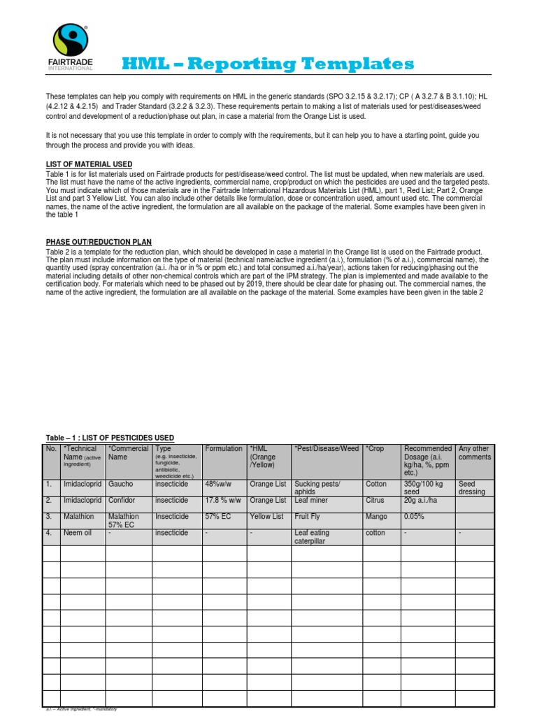 HML - Reporting Templates: List of Material Used | PDF | Insecticide ...