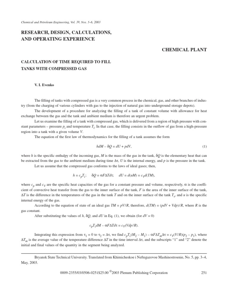 Calculation of Time Required To Fill Tanks With Compressed Gas | PDF ...