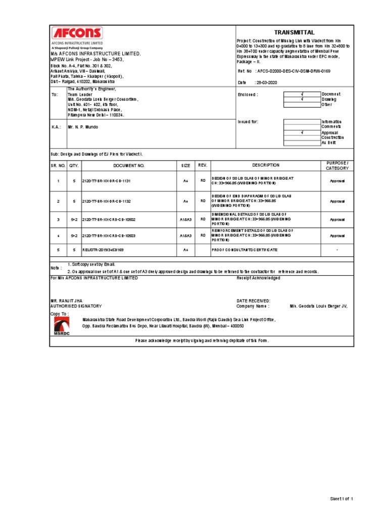 MPEW Link Project - Job No - 3453, M/S Afcons Infrastructure Limited ...