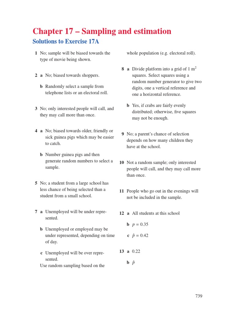 Chapter 17 - Sampling and Estimation: Solutions To Exercise 17A | PDF ...