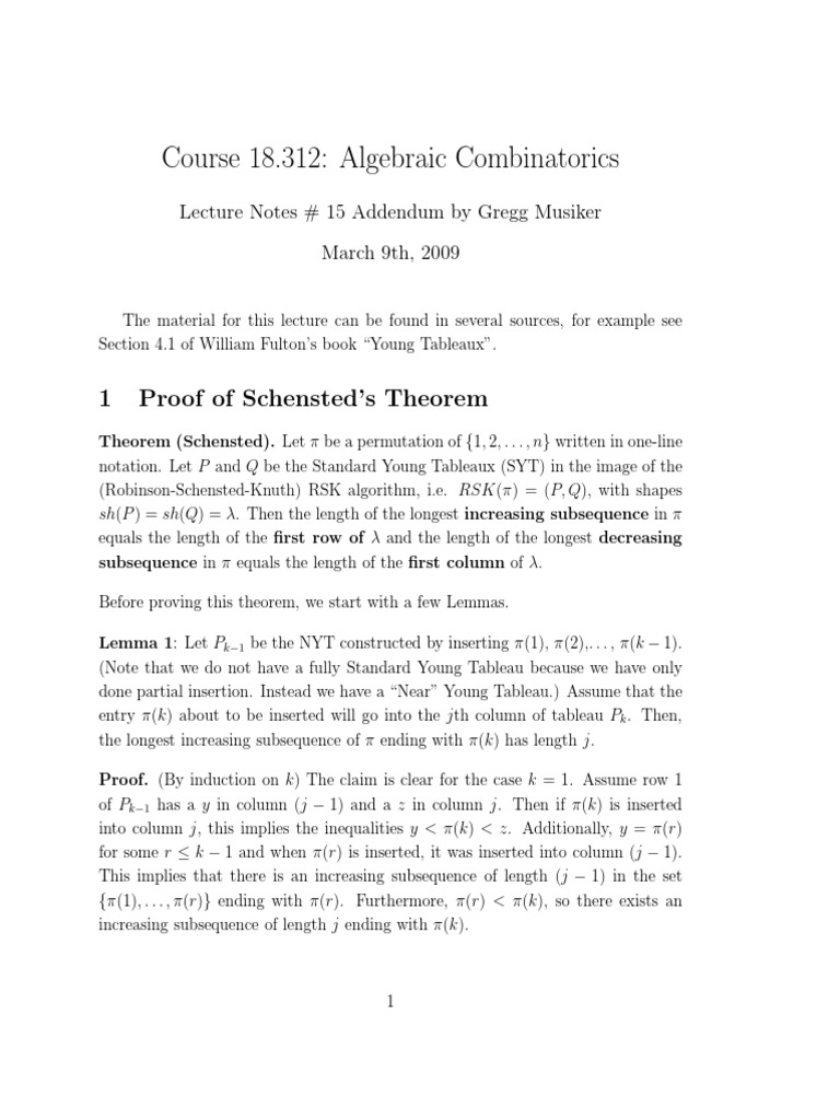 Course 18.312: Algebraic Combinatorics: 1 Proof of Schensted's Theorem | PDF | Algebra ...
