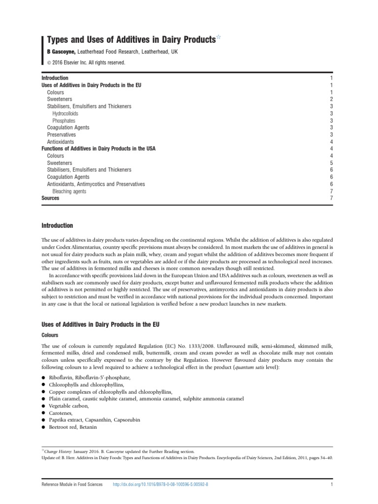 Types and Uses of Additives in Dairy Products: B Gascoyne, Leatherhead ...