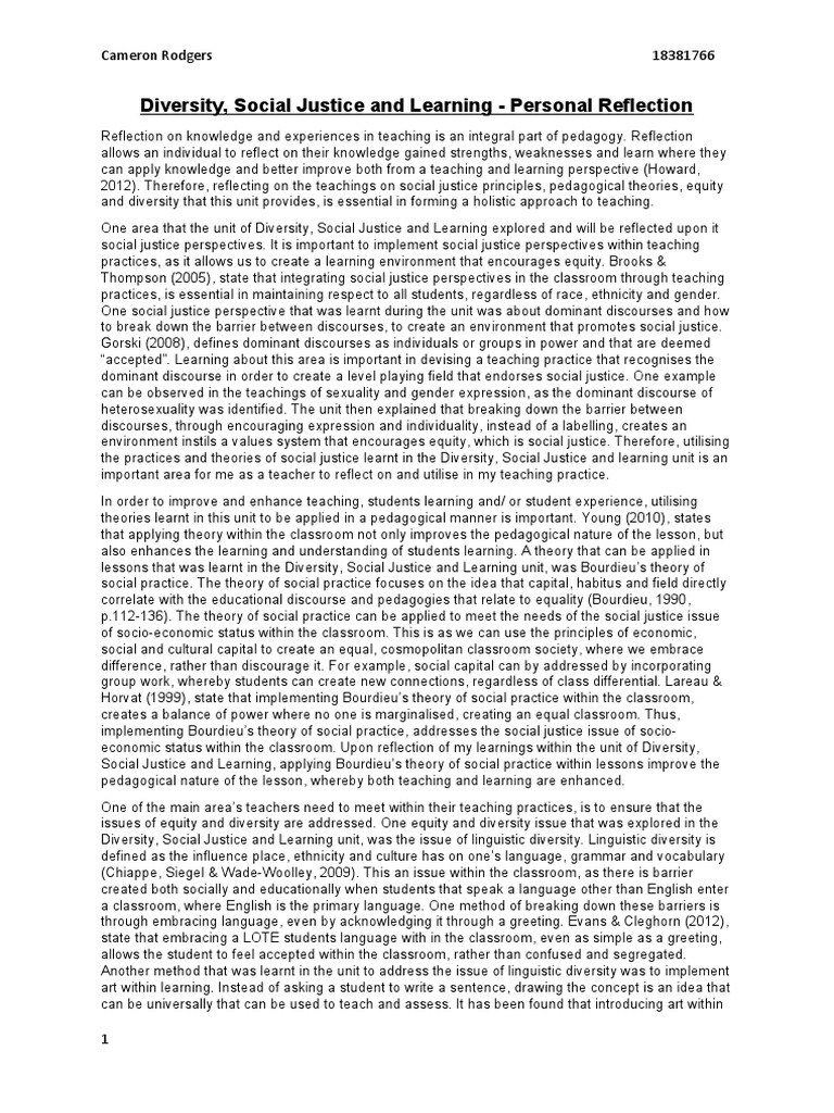 Diversity, Social Justice and Learning - Personal Reflection | PDF | Pedagogy | Behavior ...