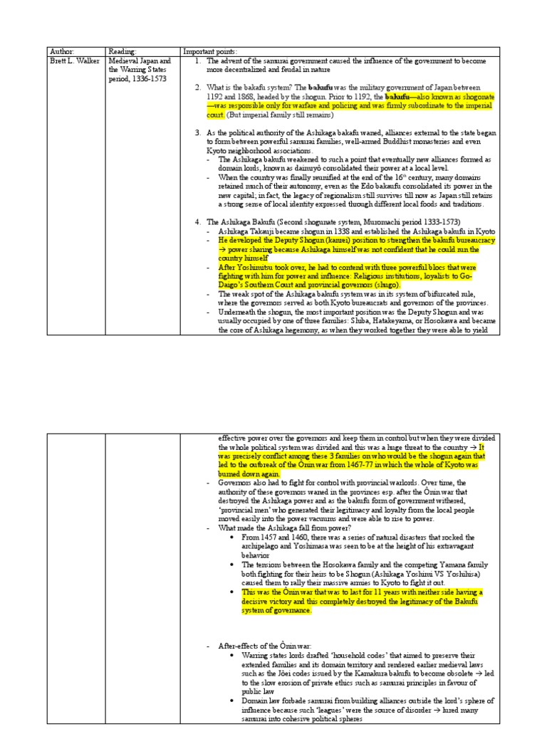 HY2208 Reading Notes Week 5 | PDF | Samurai | Feudal Japan