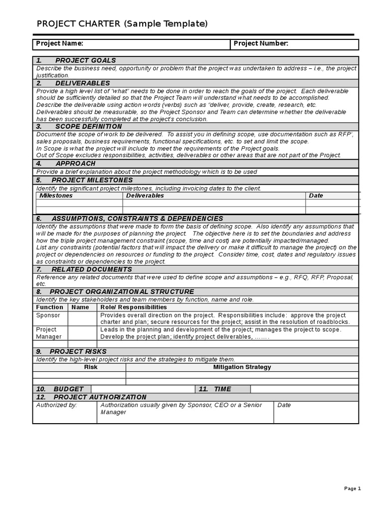 PROJECT CHARTER (Sample Template) : Project Name: Project Number | PDF ...