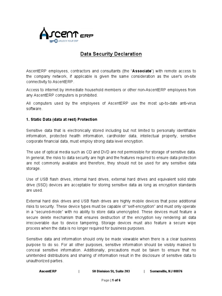 Data Security Declaration: 1. Static Data (Data at Rest) Protection ...