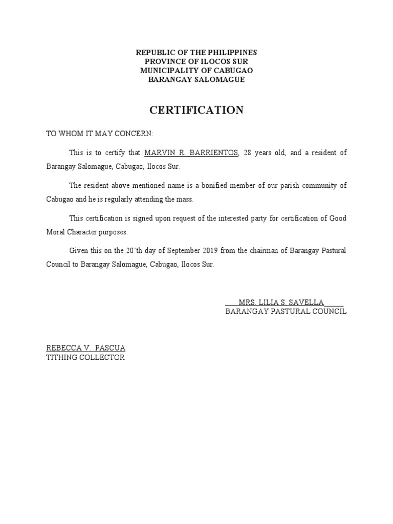 Certification: Republic of The Philippines Province of Ilocos Sur ...