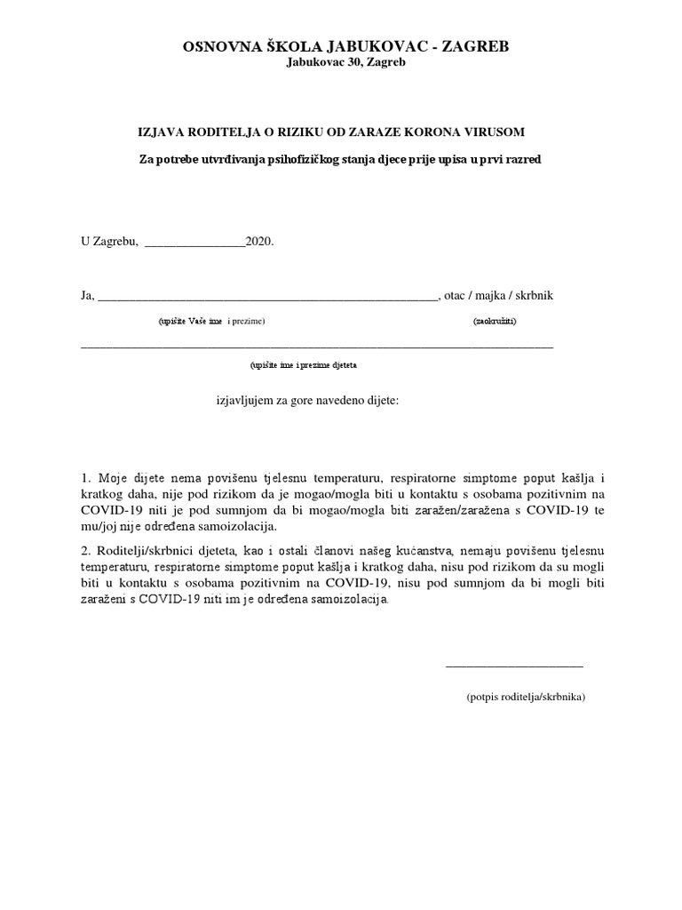 Izjava Roditelja OŠ Pdf Pdf