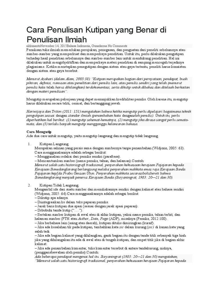 Cara Penulisan Kutipan Yang Benar Di Penulisan Ilmiah | PDF
