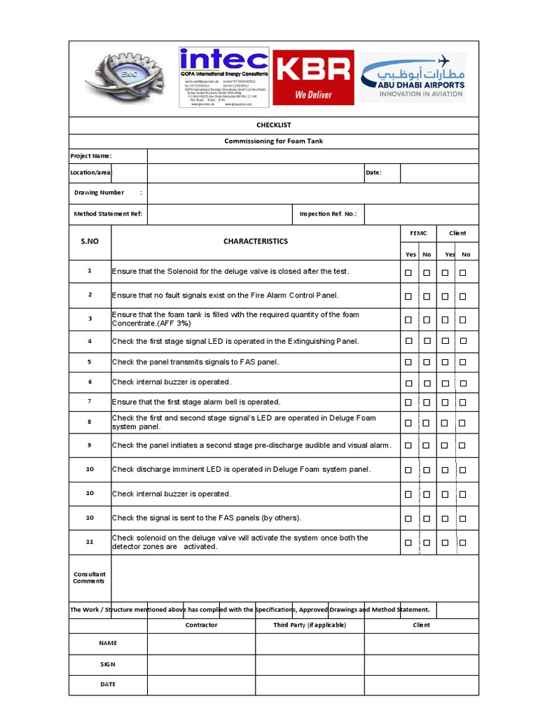 S.No Characteristics: Checklist Commissioning For Foam Tank | Download ...