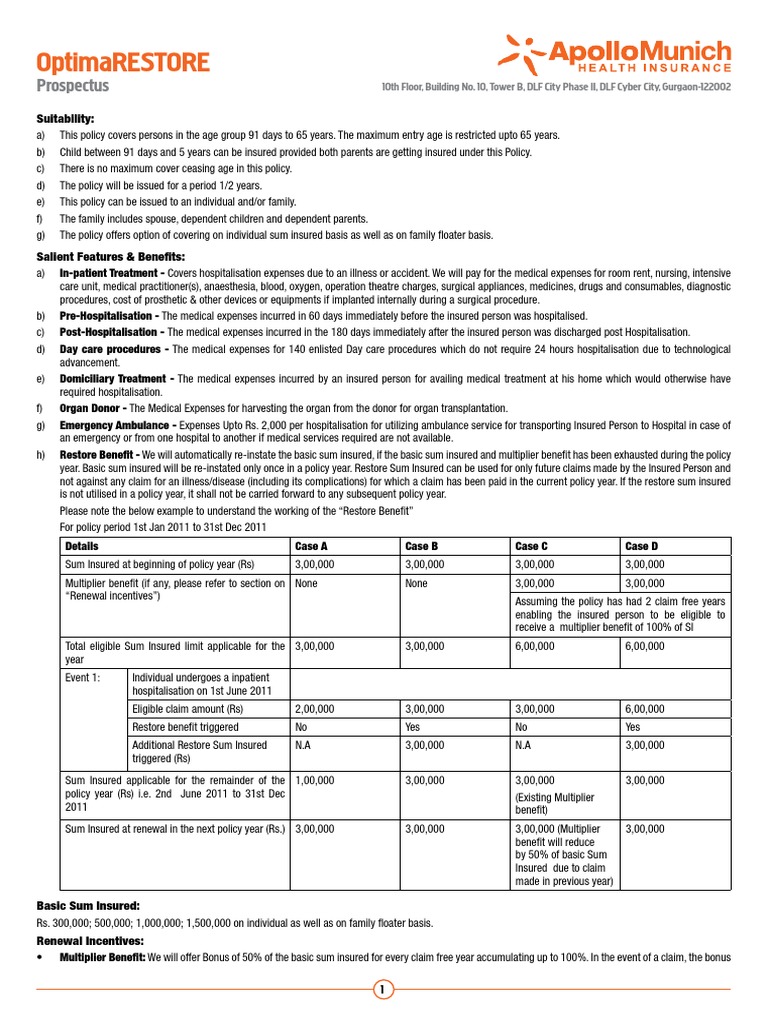 Optima Restore Prospectus | PDF | Insurance | Immunodeficiency