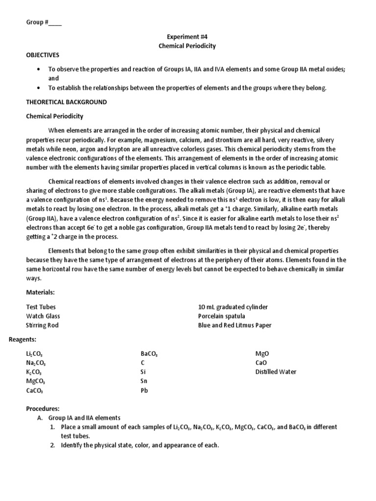 Experiment #4 Chemical Periodicity Objectives | PDF | Periodic Table ...