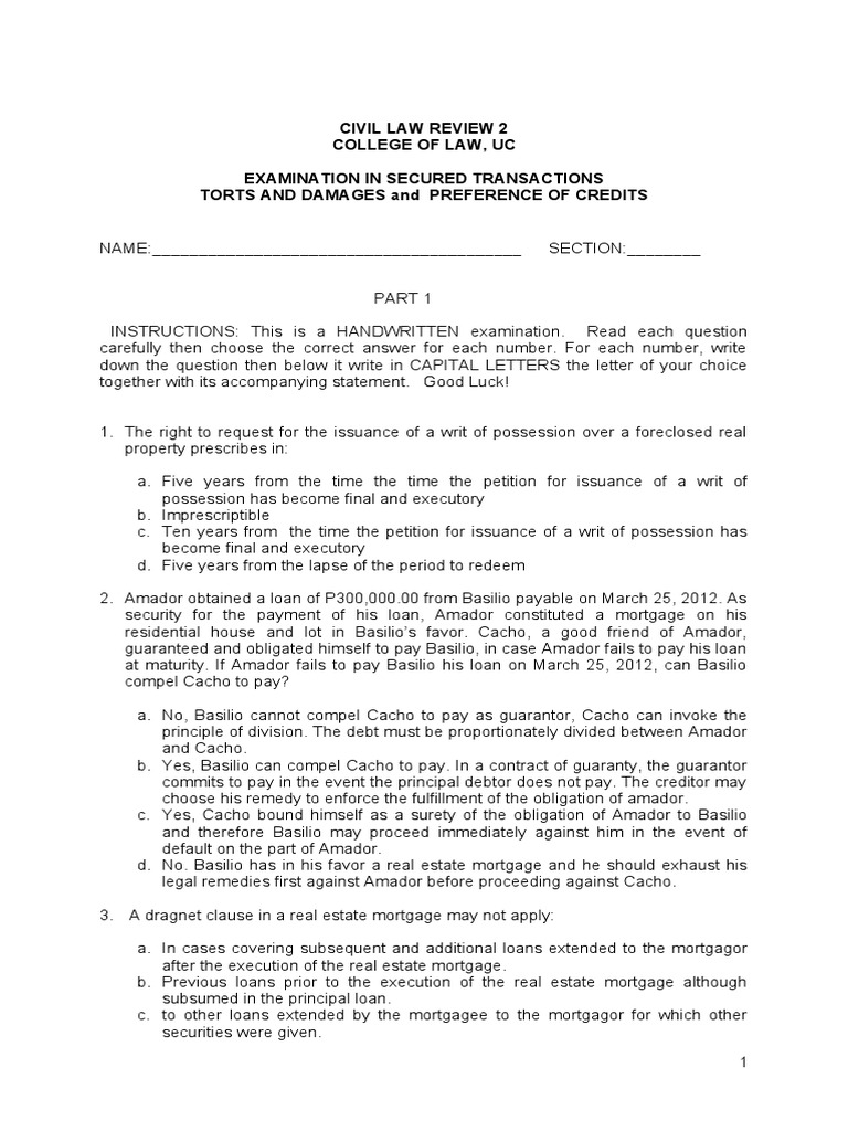 Secured Transactions Torts and Damages Preference of Credits ...