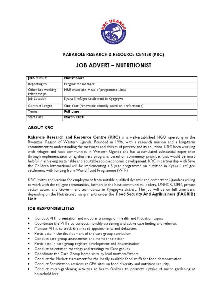 Job Advert - Nutritionist 2020 | PDF | World Food Programme | Refugee