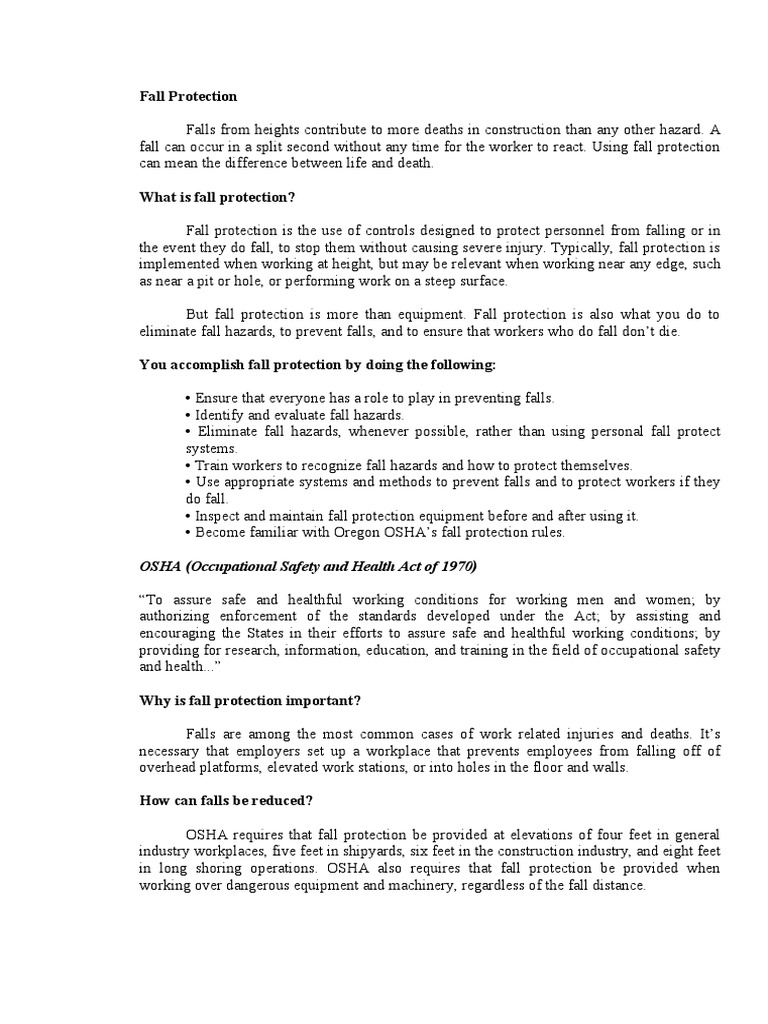 Fall Protection: OSHA (Occupational Safety and Health Act of 1970 ...